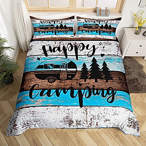 RV Camper Comforter Cover Queen Size,Happy Camping Wild Adventure Duvet Cover for Teenagers Bedroom Decor,Farmhouse Style Wood Barn Comforter Cover 3 Piece with Zipper Closure,Blue White