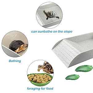 3 PCS Tortoise Food Dish with Ramp and Tortoise Water Bowl,Gray Reptile Water Bowl,Reptile Water Dish Amphibians Habitat,Reptile Water Bowl for Turtles,Horned Frogs and Lizards