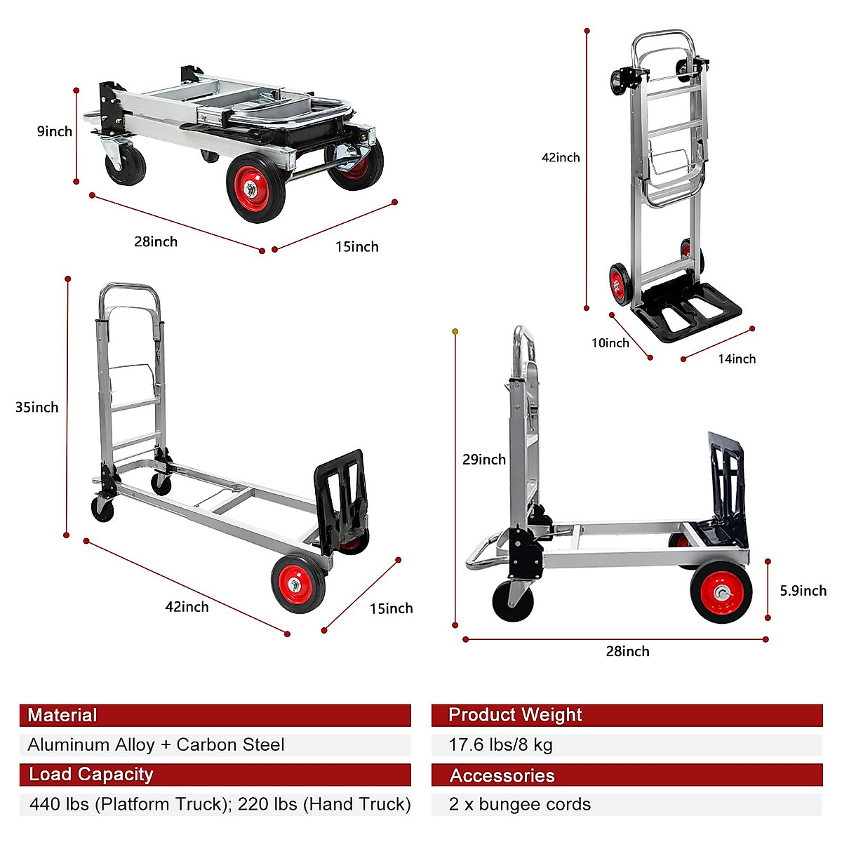 Aluminum Folding Hand Truck,440 lbs Heavy Duty 2 in 1 Convertible Hand Truck Dolly with Pneumatic Wheels,Telescopic Handles and 2 Elastic Ropes Collapsible Hand Cart for Luggage Moving Warehouse