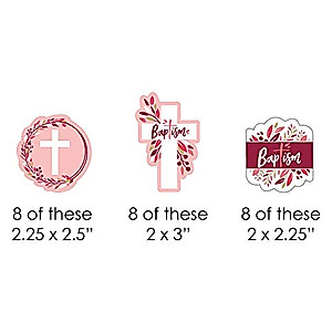 Baptism Pink Elegant Cross - Paper Straw Decor - Girl Religious Party Striped Decorative Straws - Set of 24