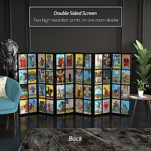 Red Lantern 4 ft. Short Double Sided Rider-Waite Tarot Canvas Folding Screen 6 Panel Freestanding Partition and Separator for Modern and Contemporary Bedroom, Home Office, Studio, Dorm, Apartment