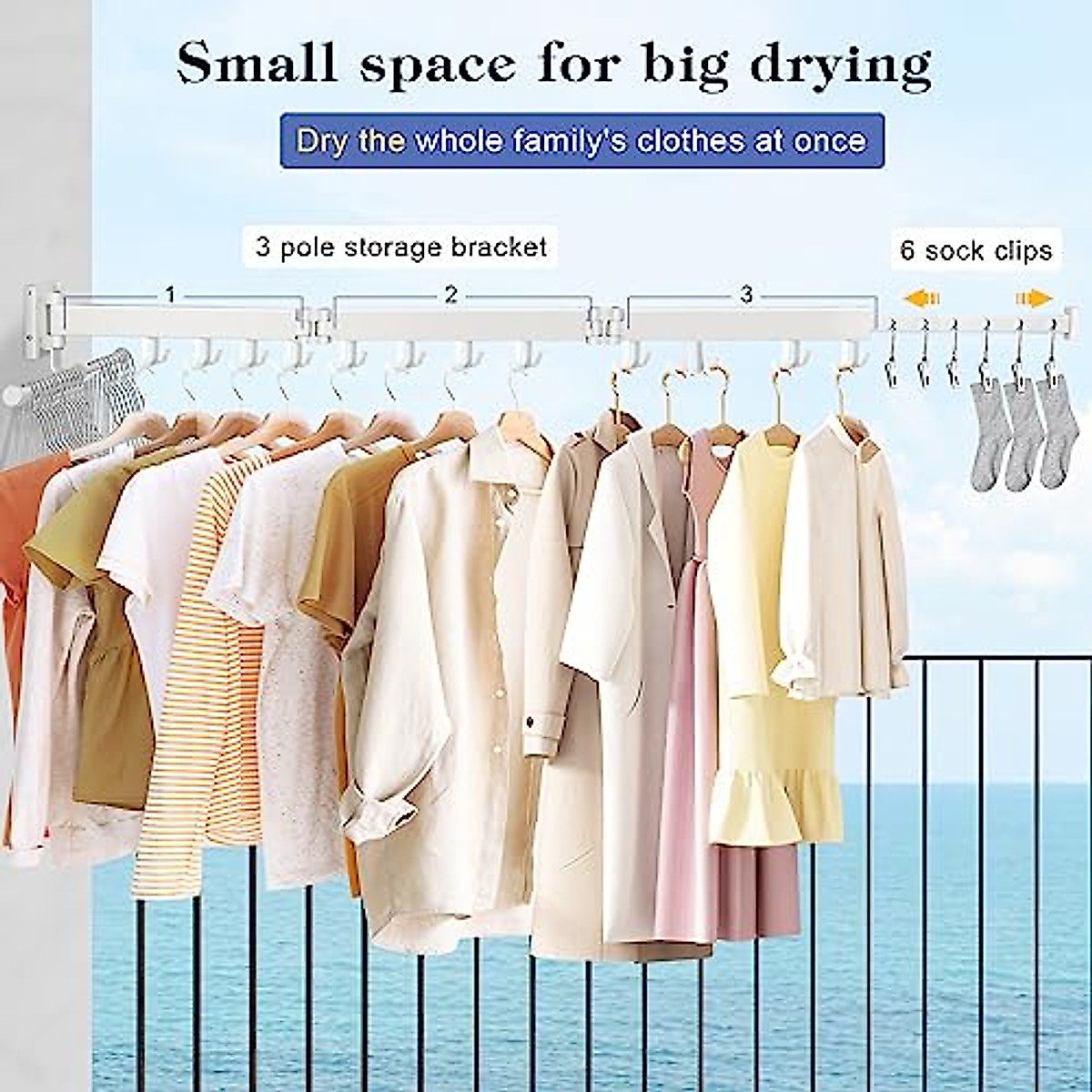 Smitenoon Clothes Drying Rack Wall Mounted Clothes Rack Collapsible Retractable Drying Hanging Racks Space Saver Balcony, Bedroom, Laundry Drying Rack, Bathroom Clothesline - Tri-Fold - White