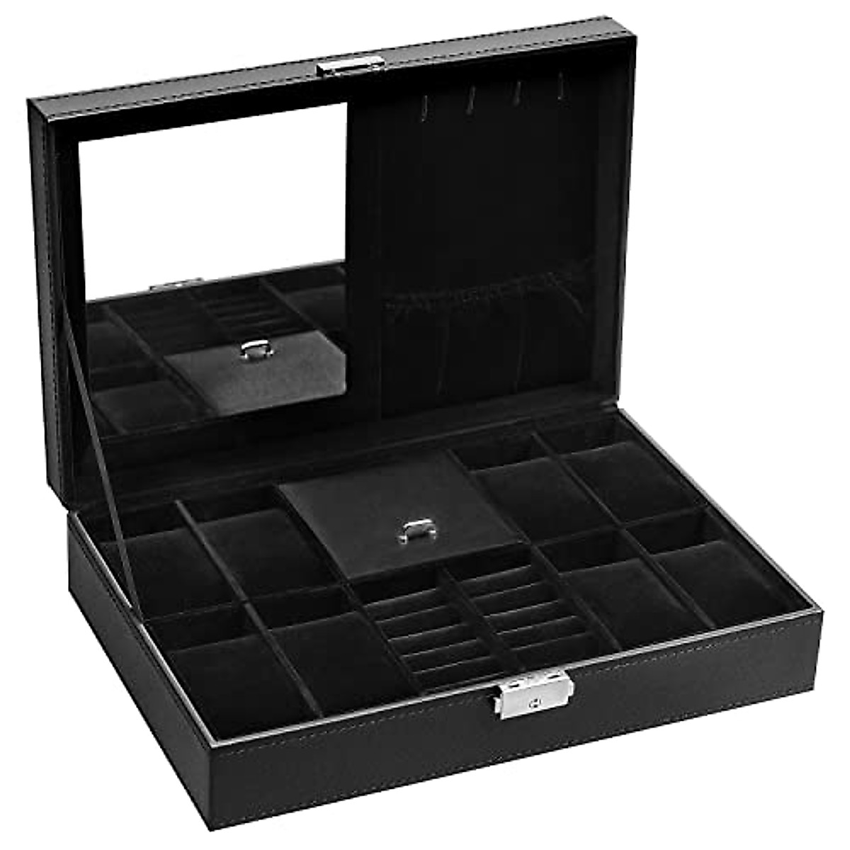BASTUO Jewelry Box 8 Watch Display Case Organizer Jewelry Trey Storage Box PU Leather with Mirror and Lock， Black with Black Lining