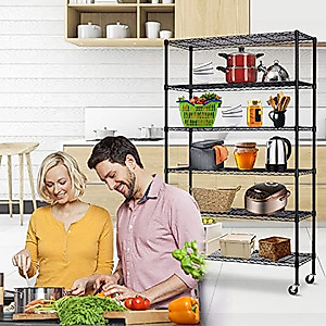 Storage Shelves 6-Tier Wire Shelving Unit Garage Shelving with Wheels 2100LBS Capacity,18" D x 48" W x 78" H Metal Shelves Storage Rack Heavy Duty Shelving for Garage Kitchen Pantry,Black