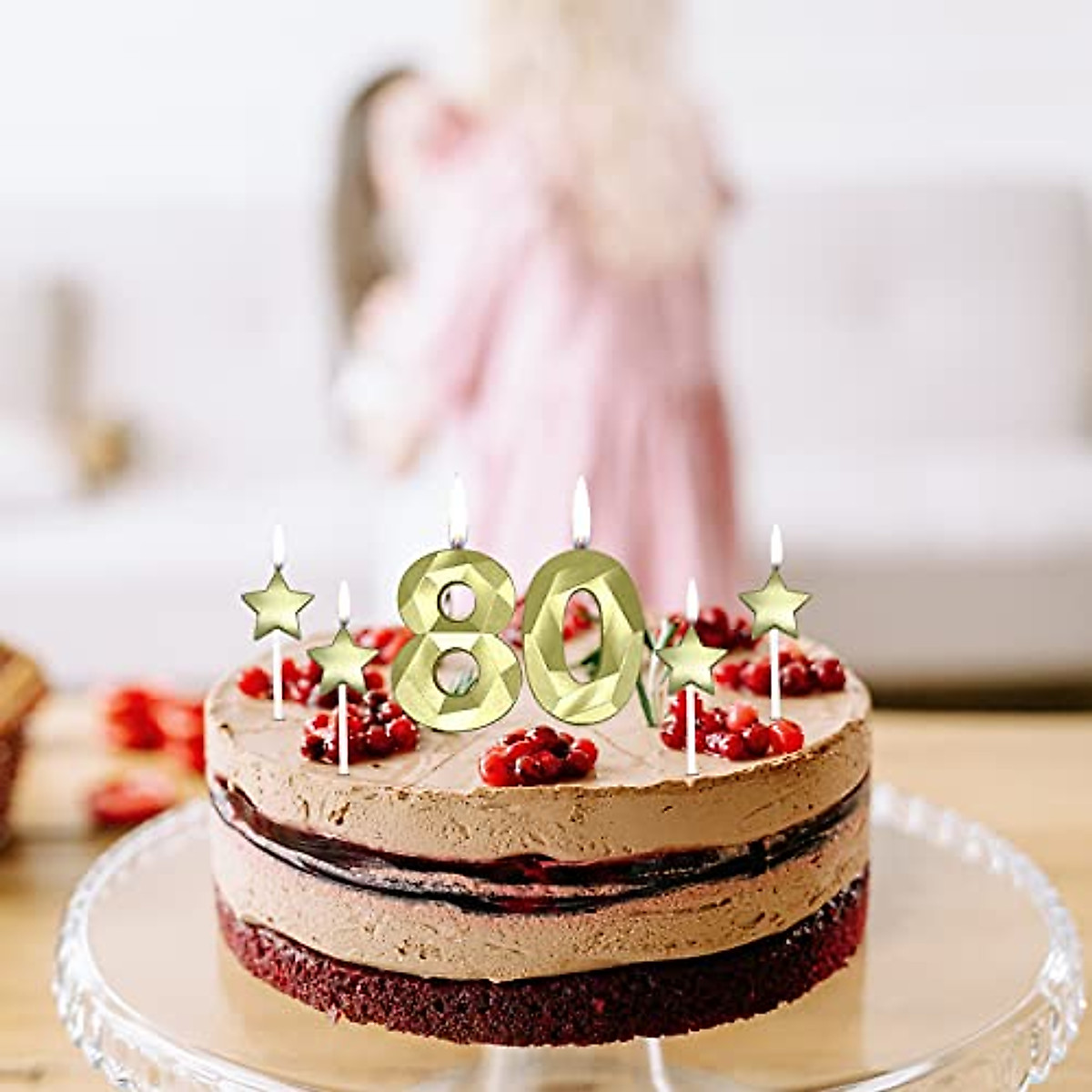 80th Birthday Candles for Cake - Number 80 & 8 & 0 Birthday Candles and Glitter Star Birthday Candles 2 Inch 3D Diamond Shape Number Candles for Birthday Party Anniversary Kids Adults(Gold)