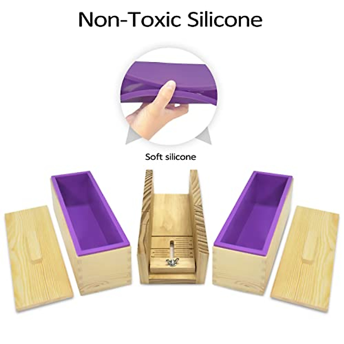 Artcome Loaf Soap Making Cutting Mold Kit 2Pcs 42oz Rectangular Silicone Soap Mold, 2Pcs Wooden Box with Lid, Adjustable Wooden Soap Cutting Tool with Stainless Steel Wavy & Plastic Straight Cutter
