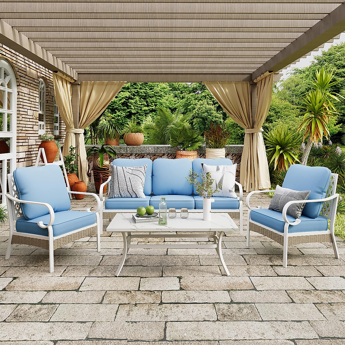 MIXPATIO 4 Piece Patio Furniture Set, 2 x Fixed Chair, 1 x 3-Seat Sofa with Marbling Coffee Table, All Cushioned 5 Seats Outdoor Conversation Set for Lawn Garden Backyard, Blue