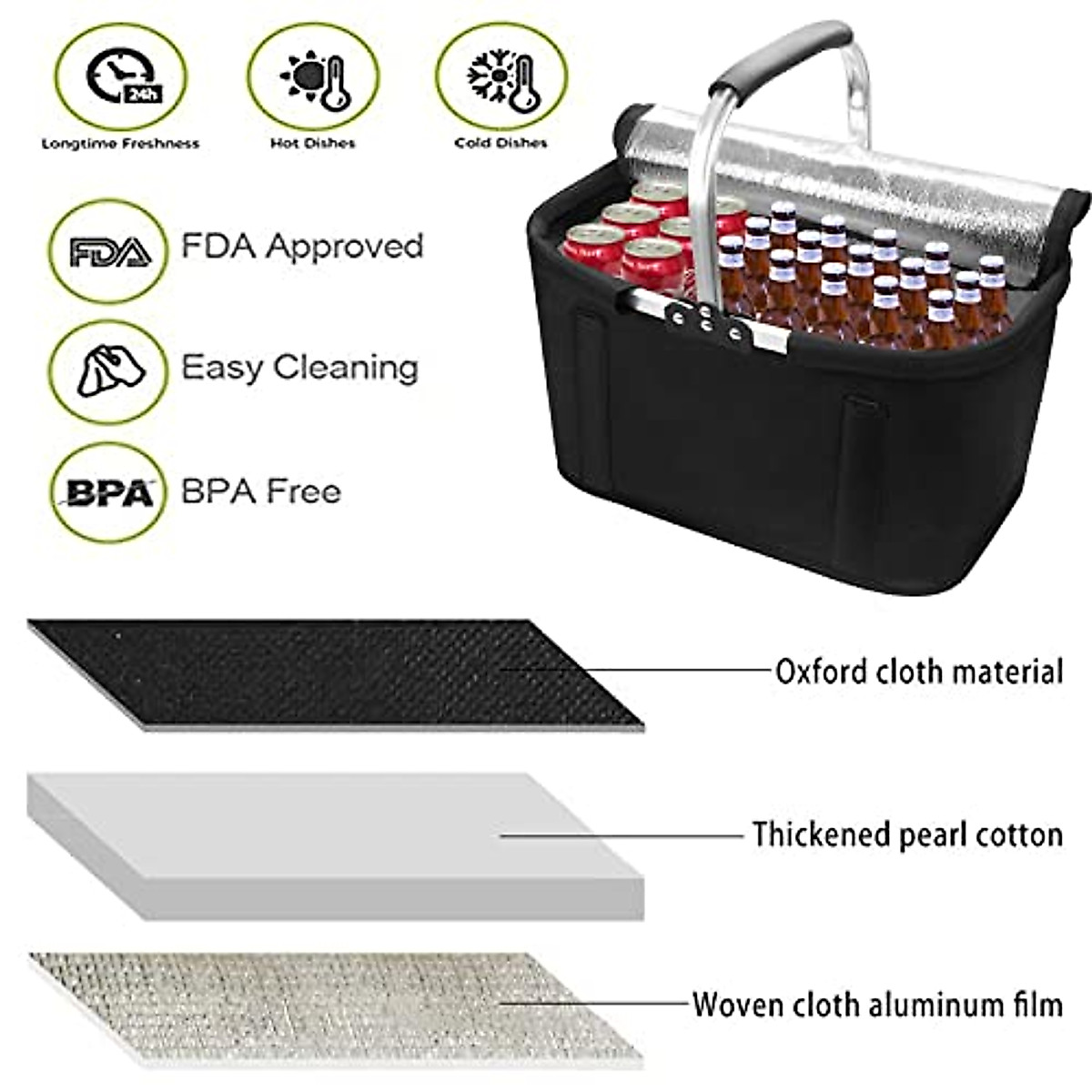 GIVDDAE Picnic Basket Shopping Bags Lunch Bag for Women/Men School Picnic Beach Insulated Bag for Hot Food Delivery Bag Collapsible Picnic and Food Delivery Tote 30L (Black)