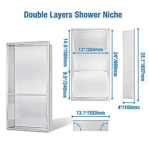 Neodrain No Tile Shower Niche, Stainless Steel Bathroom Shelf 25.1"x13.1" (Inner Size 24" X 12"), Two-Tier Stainless Niche, Bathroom Niche Cubby for Storage, No Tile Needed Recessed, (Brushed)
