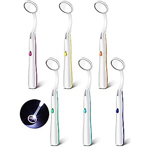 6 Pieces Dental Mirrors with Light Teeth Inspection LED Mirror Anti-Fog Teeth Mouth Dental Mirror Curved Dental Mirror for Oral Care Tool, 6 Colors