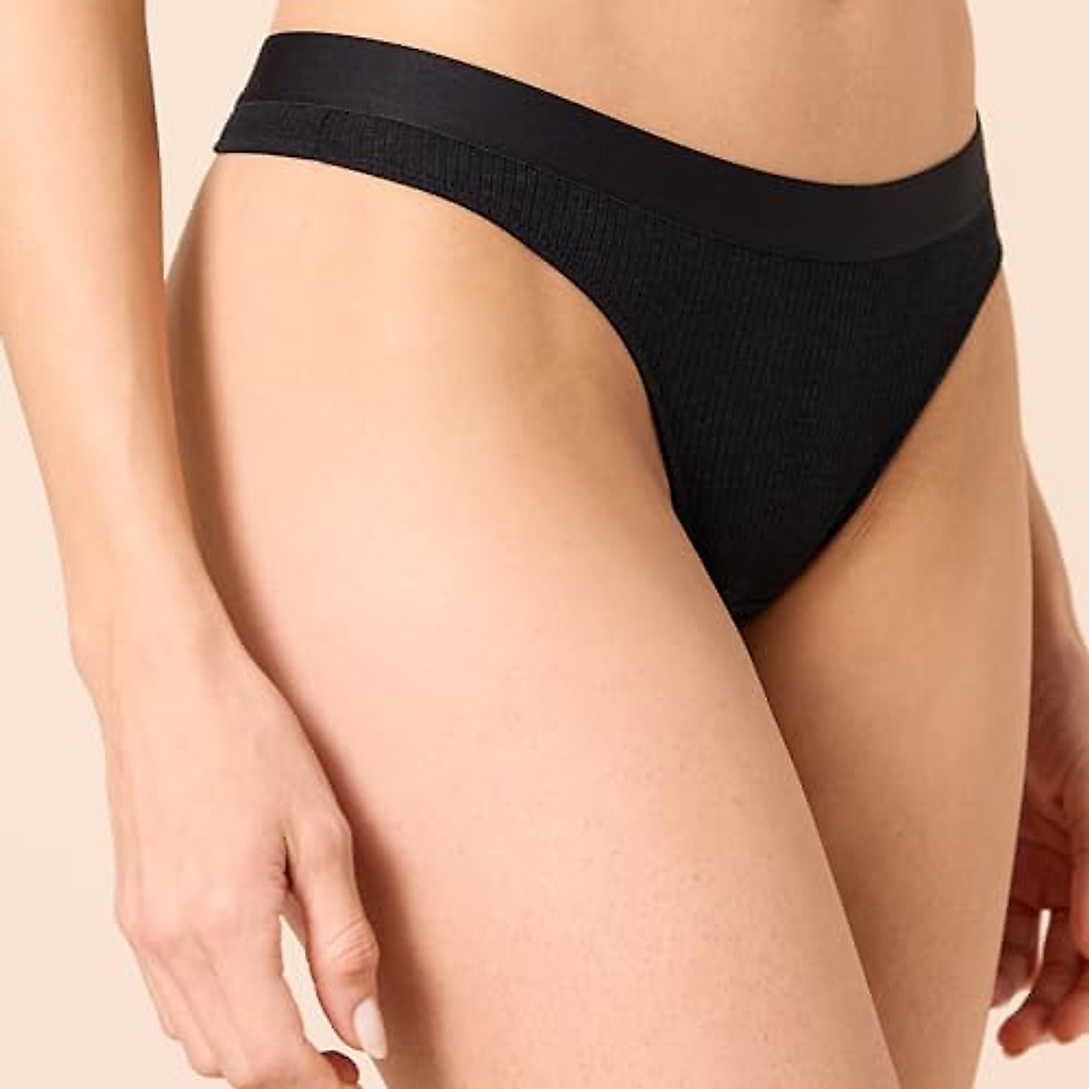 Amazon Essentials Women's Ribbed Cotton Thong Underwear, Pack of 4, Black/Bright White/Pale Pink, X-Small