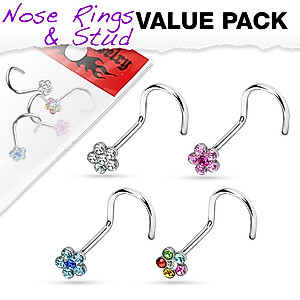 FIFTH CUE 4pc 6-Gem Flower 316L Surgical Steel Nose Screw Value Pack (18G)