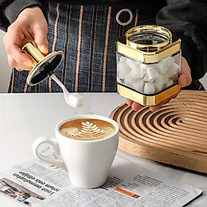 BETTWILL Glass Condiment Spice Jars, Container with Lids and Spoons(11oz/320 ml), Gold Salt Jar, 2Pack Seasoning Box Set for Sugar, Pepper, for Kitchen Counter，Brown Sugar Container.