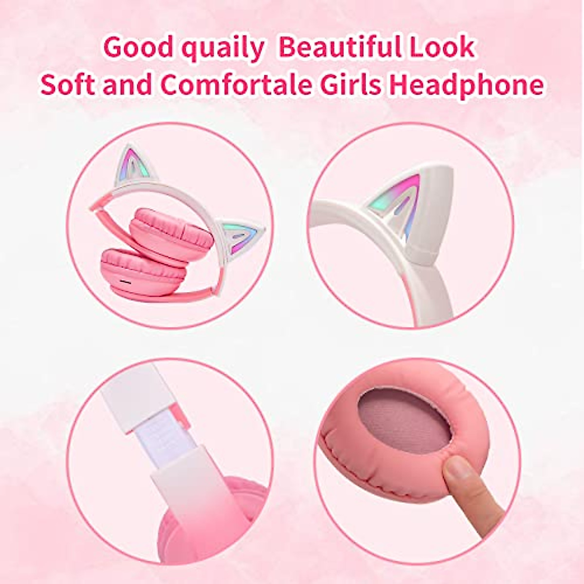 TOKANI Cat Ear Headphones, Kids Bluetooth Headphone with Microphone,Foldable Comfortable and Adjustable Wireless/Wire Over Ear Headset for Girls Teenagers and Adults(Pink)