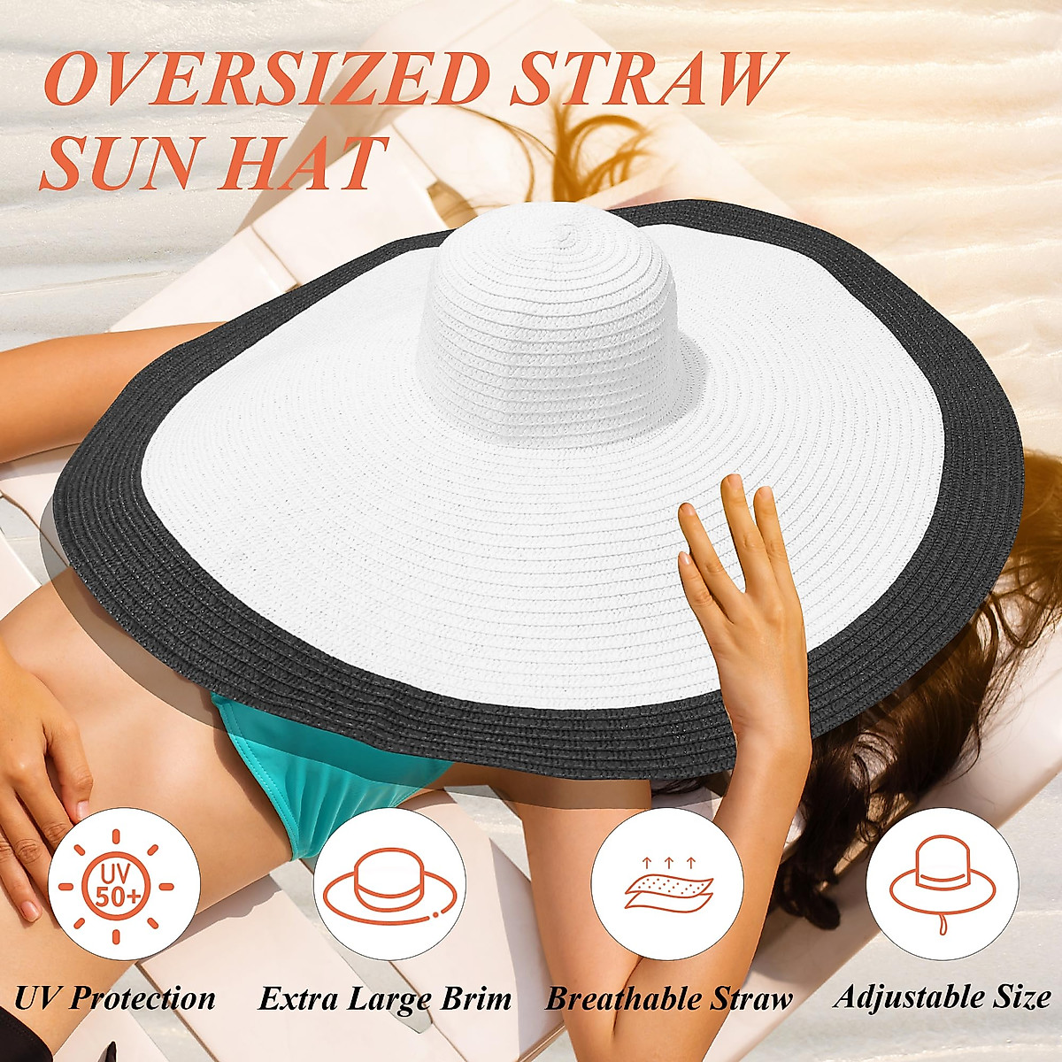 Oversized Sun Straw Hat for Women, UPF 50+ Floppy Wide Brim Summer Hat, Foldable Roll Up Travel Hat (Black White, 11.8 Inches Brim Width)