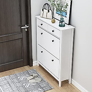 ECACAD Modern Shoe Storage Cabinet with 2 Flip Drawers & 2 Pull-Out Drawers, Wood 3-Tier Shoe Rack Organizer for Entryway, Bedroom, Hallway, White (35”W x 10”D x 41.1”H)