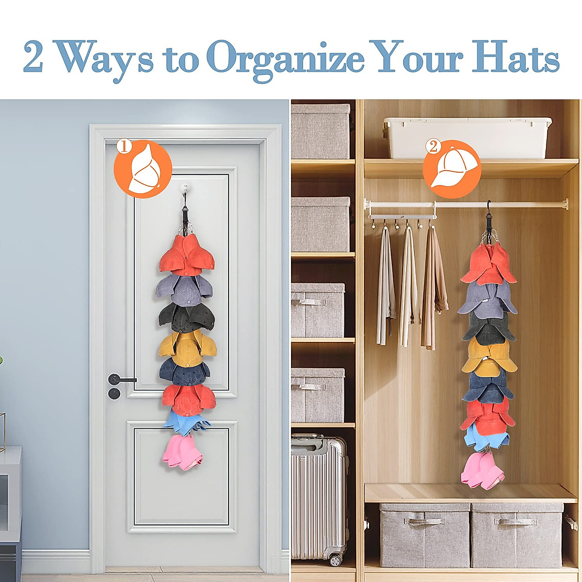 Miracsnail Hat Rack for Baseball Caps Organizer Hat Holder for Closet Hook, Wall and Door 24 Large Clips Cap Storage for Hanging Ball Caps Winter Beanie & Accessories 1 Pack
