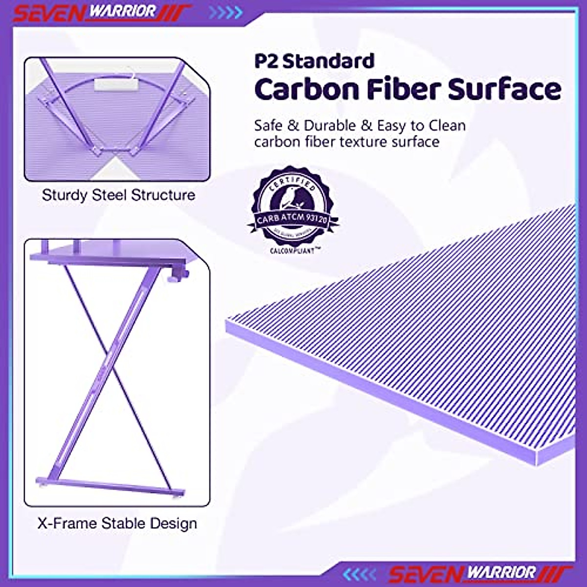 SEVEN WARRIOR Gaming Desk 50.4” with LED Light & Power Outlets, L-Shaped Gaming Desk Carbon Fiber Surface with Monitor Stand, Ergonomic Gamer Table with Cup Holder, Headphone Hook, Purple