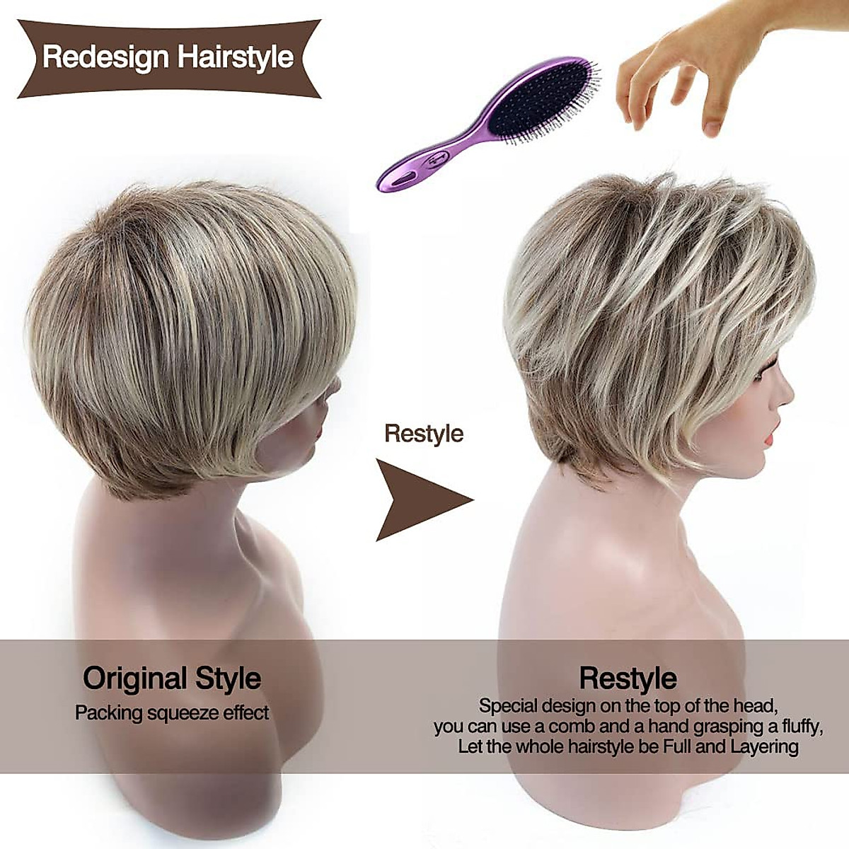 Rosa Star Short Wig Ombre Brown Mixed Blonde Hair Wigs Natural Curly with Bangs Synthetic Hair Fibers Heat Resistant Full Wig for Women