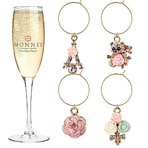 P412 Crystal Rose Bear Flowers Wine Charms Glass Marker for Party with Velvet Bag(Pink ,Set of 4)