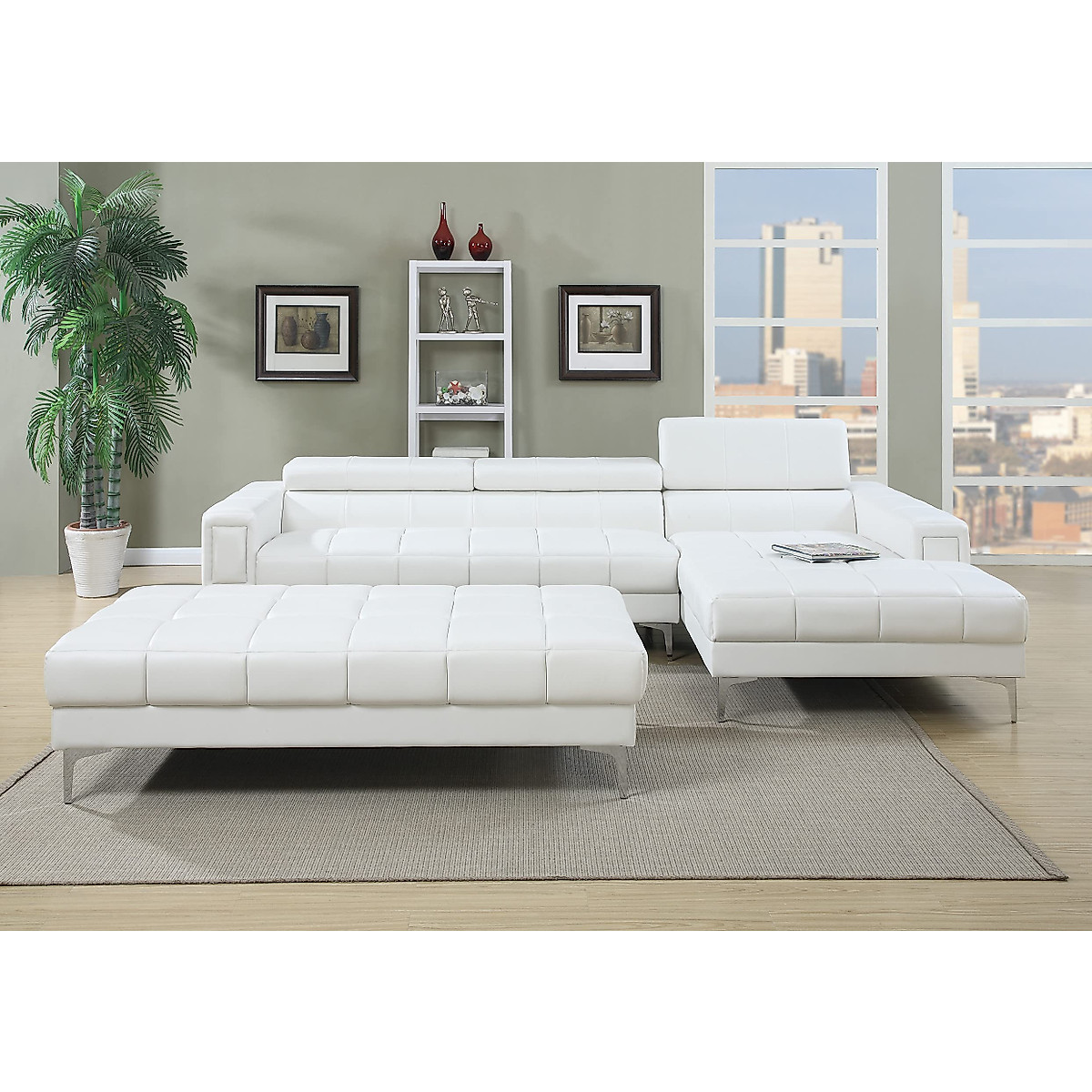 Poundex Bobkona Hayden Bonded Leather Sectional with Adjustable Back, White