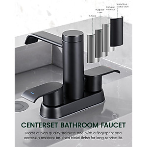 Matte Black Waterfall Bathroom Sink Faucet - HEISOK 4 Inch Bathroom Faucet with Overflow Pop Up Drain & Supply Hose, Stainless Steel 2 Handles Centerset Lavatory Vanity Bath Faucet for 2 or 3 Hole