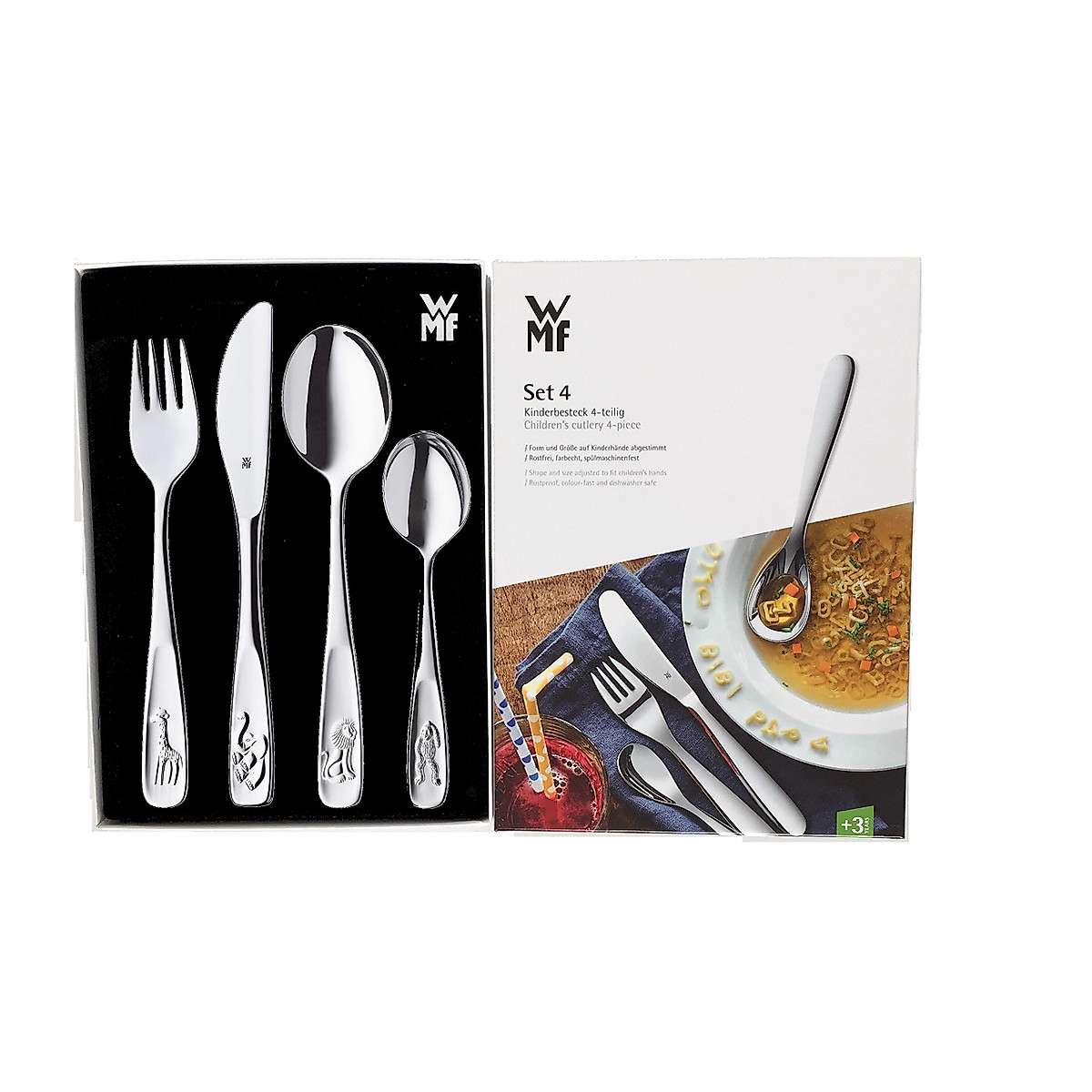 Pignr Animals Children's Cutlery, 4-Piece, from 3 Years, Cromargan Polished Stainless Steel, Dishwasher-Safe in a Gift Box with General Illustration, 4pcs, Silver