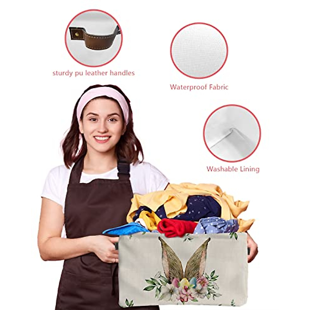 Easter Storage Bins with Handles, Rabbit Ears Eucalyptus Leaves Flower Burlap Storage Basket for Shelves, Cube Storage Organizer Bins for Toys, Closet (1 Pack, 15" x 11" x 9.5")