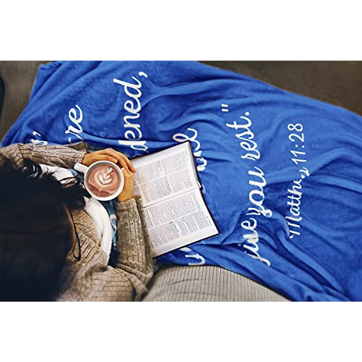 Scripture Blanket Soft Prayer Blanket with God's Promise from Matthew 11:28 - Blue 50"x65" Inspirational Blanket - Lightweight Flannel Fleece Bible Verse Blanket