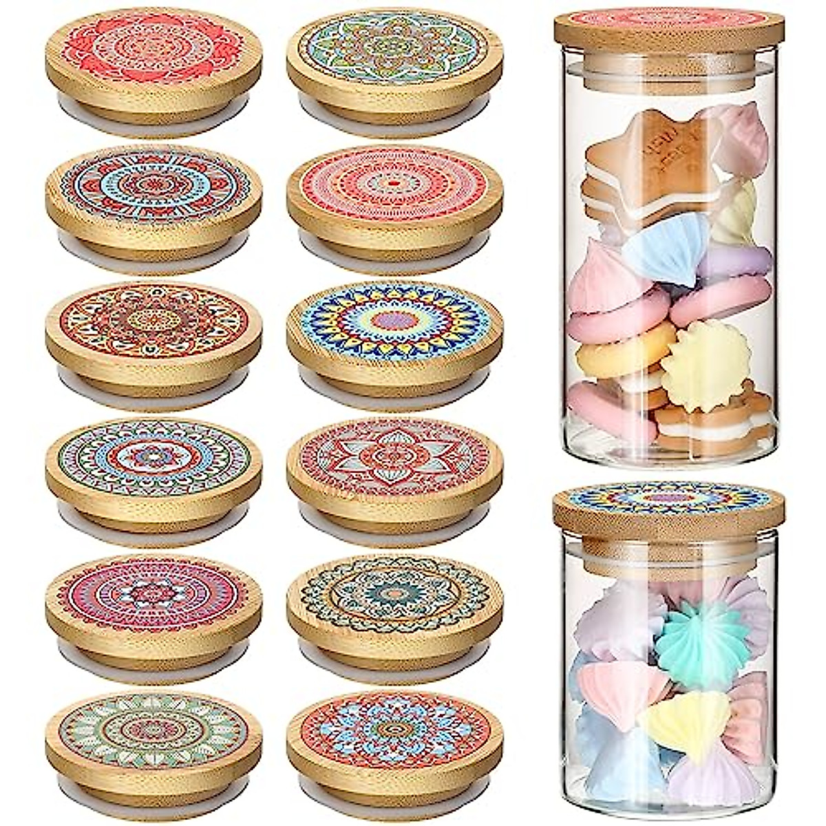 12 Pcs Oui Yogurt Jar Lids Reusable Bamboo Mandala Pattern Wooden Lids with Silicone Sealing Rings Large Mouth Storage Lids Compatible Suitable for Oui Yogurt Jars, Spice Cookie Jars, Coffee Bean