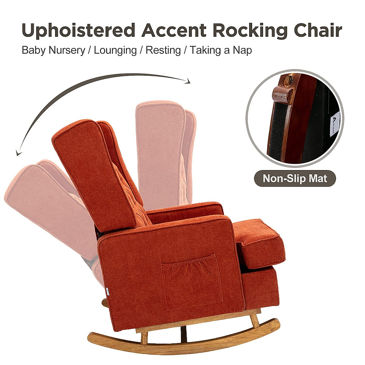 Rocking Chair Nursery,Upholstered Glider Chair for Nursery,Mid Century Modern Oversized Wingback Armchair for Living Room(Orange)