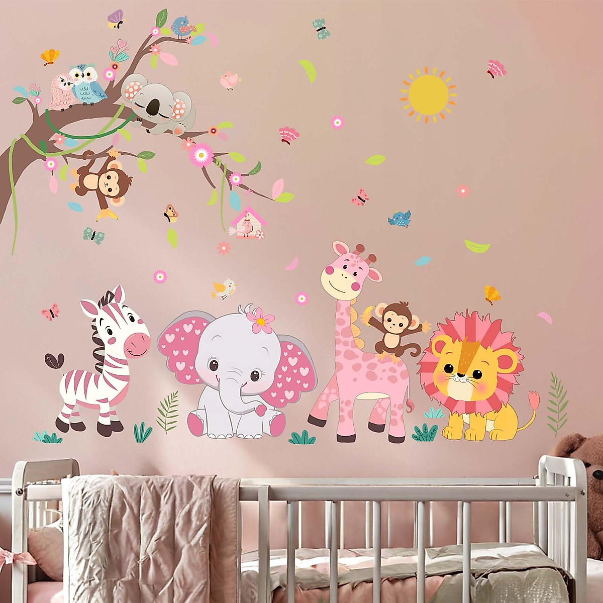 Amimagen Pink Forest Baby Animals Wall Decals - Elephant Lion Giraffe Monkey Zebra Wall Stickers - Nursery Kids Girls Boys Room Daycare Playroom Classroom Wall Decor