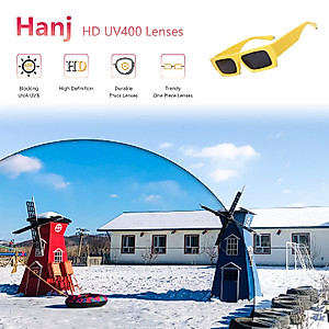 Hanj 90s Small Vintage Narrow Square Sunglasses for Men Women UV400 Trendy Retro Black Glasses Cool Rectangular Shades (Yellow)