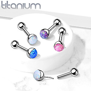 Amelia Fashion 16 Gauge Implant Grade Titanium Threadless Push in Cartilage Barbell With 4MM Opal Bezel Set Ball Top (Opal White)