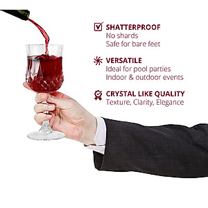 PARTY BARGAINS 4 Crystal-Like Wine Glasses (8oz) - Clear Shatterproof Elegant Hard Plastic Wine Glass with Stem, for Pool Parties, Outdoors, Receptions, Weddings