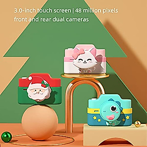 QSYY Children's Camera Dual Lens 48 MP High-Definition 3.0-Inch IPS Screen with Stickers and Cartoon Protective Cover, Data Cable Lanyard, Gifts for Boys and Girls,Green