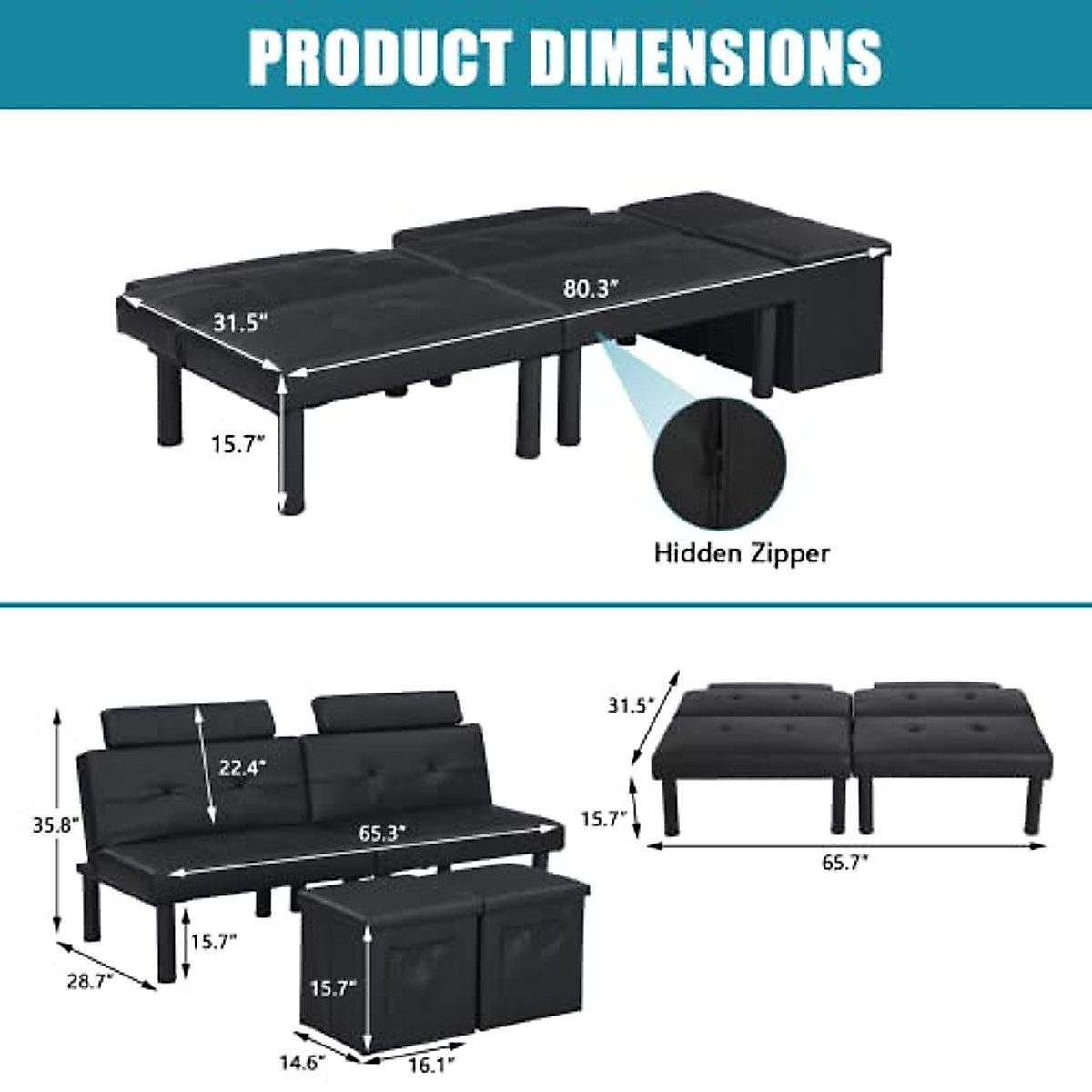 Small Faux Leather Futon Sofa Bed Adjustable Convertible Sleeper Sofa for Living Room, Apartment, Dorm w/Storage Ottoman Coffee Table Bench, Lumbar Pillows and Folding Recliner (Black Sofa Bed)