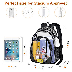 GEAMSAM Clear Mini Backpack Stadium Approved 12x12x6 Small Heavy Duty Transparent Backpacks See Through Bag for Sports Event Concert Festival Work Security - Black