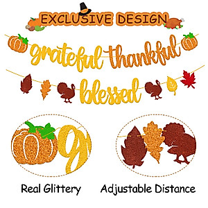 Grateful Thankful Blessed Banner Fall Autumn Leaves Turkey Thanksgiving Day Theme for Happy Thanksgiving Party Supplies Glitter Gold Decorations
