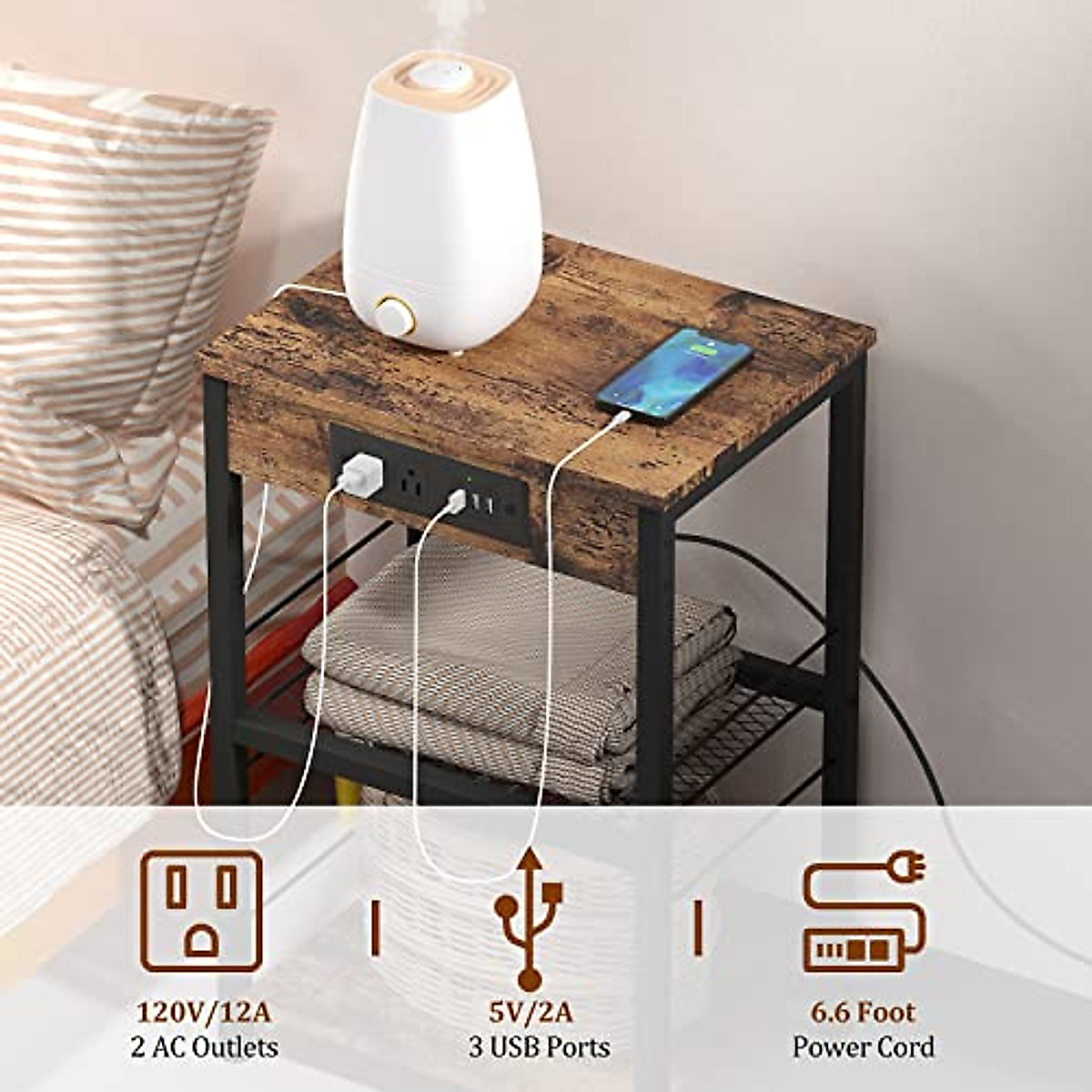 Nightstand with Charging Station End Table with USB Ports and Power Outlets Side Tables Bedroom with Storage Shelves Industrial End Table 3 Tier USB Bedside Tables in Living Room Farmhouse Brown