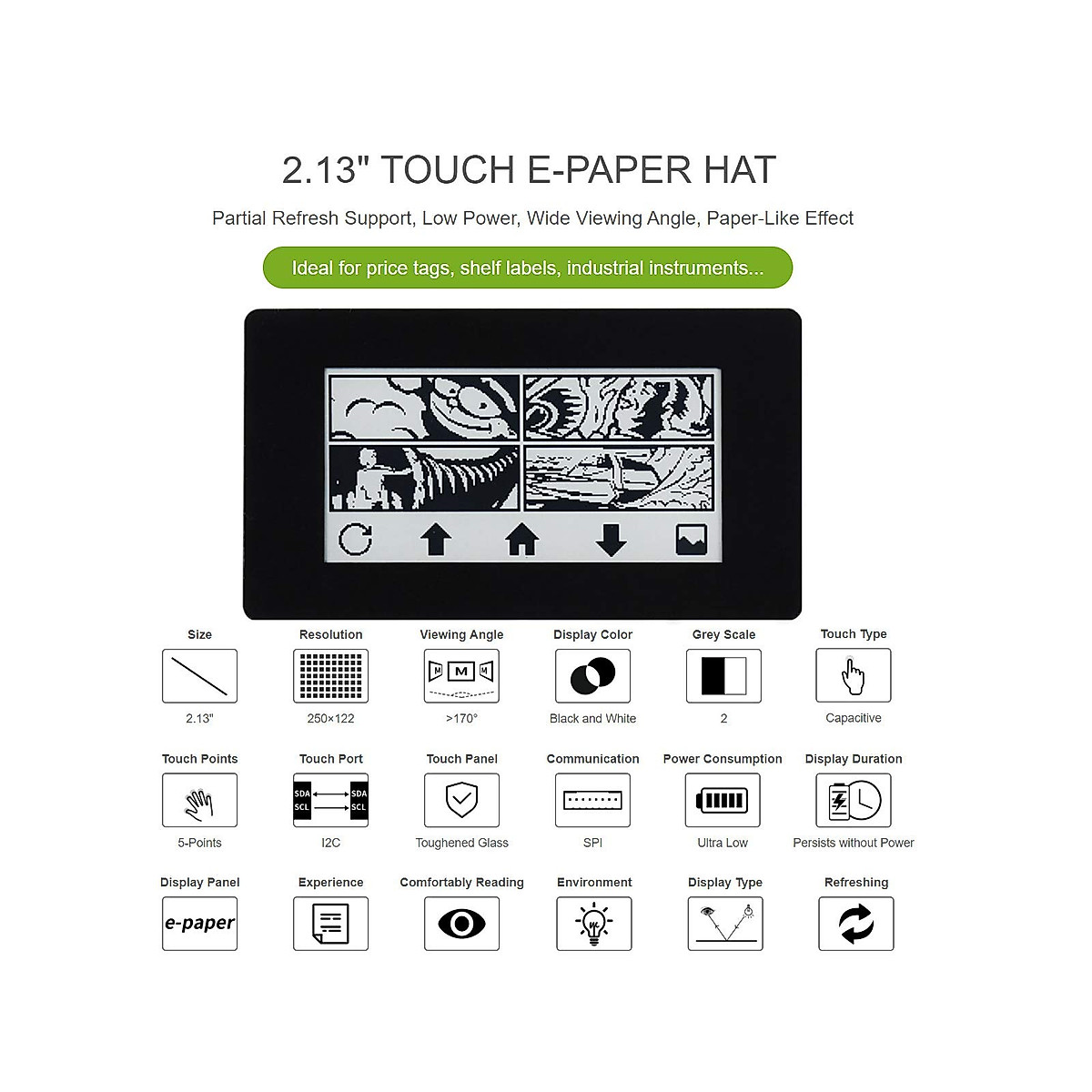 waveshare 2.13inch Touch e-Paper HAT 250×122 Pixels Black White e-Ink Display Module eink Screen for Raspberry Pi 4B/3B+/3B/2B/Zero/Zero W/Zero WH, SPI Interface,Partial Refresh