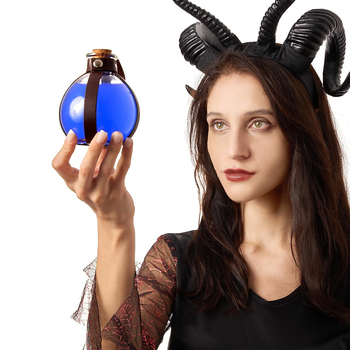 Spooktacular Creations Potion Bottles with Cork, Magic Round Glass Bottles prop with Cork Stopper and Faux Leather holster Loop Accessories for Halloween Mystic Sorcery Witch Costumes Party