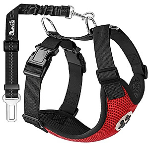SlowTon Dog Seat Belt Car Harness Set - Adjustable Dog Seatbelt with Carabiner for Most Cars, Breathable Dog Vest Harness Padded with Car Safety Leash for Small Medium Large Dogs Puppy Cats(Red M)