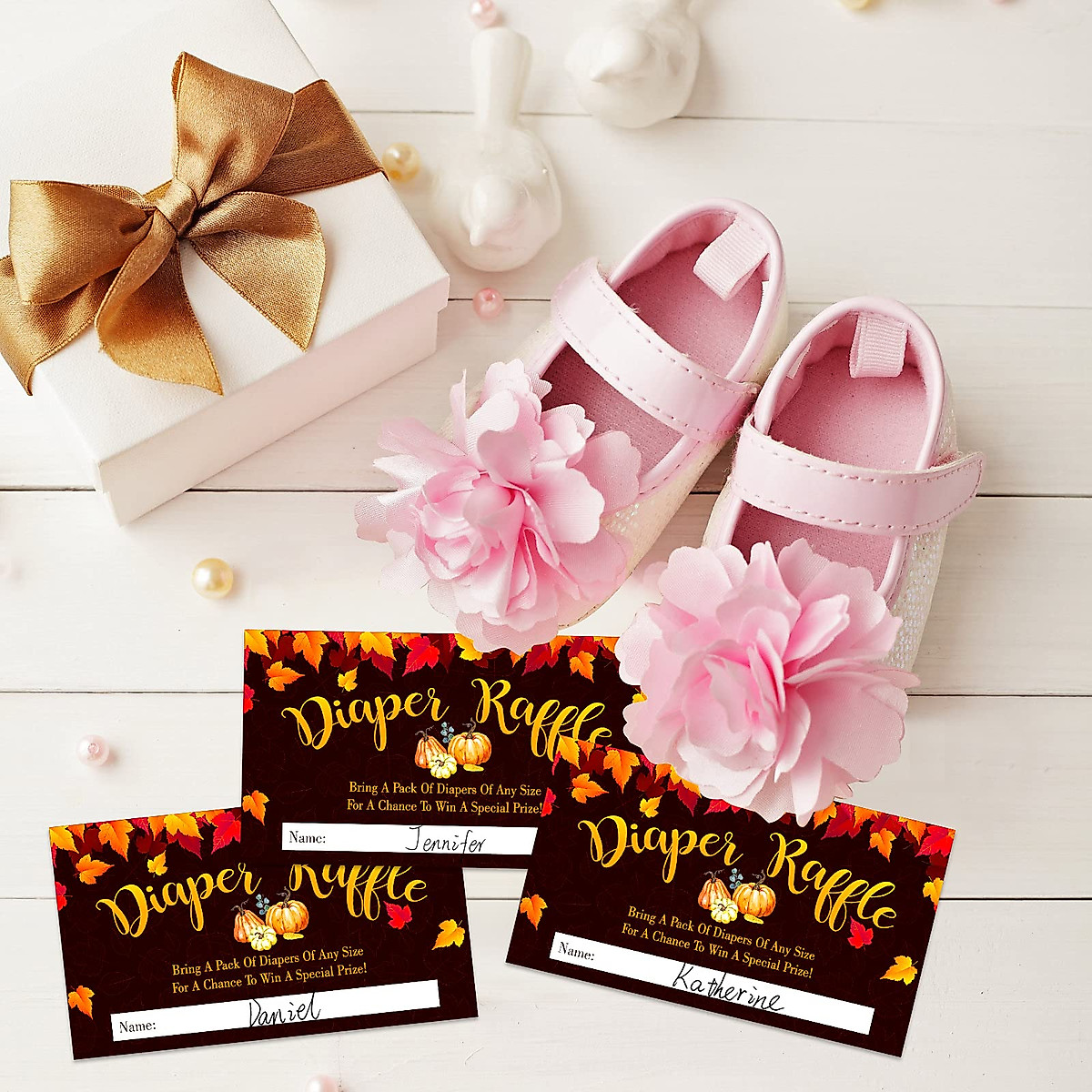 XJF 50 Pack Diaper Raffle Tickets 2*3.5inch Baby Shower Invitations Cards Maple Leaves Baby Shower Cards for Girl or Boy Baby Shower Game Bring a Pack of Diapers to Win Favors Yellow BS-CJK-NG-1