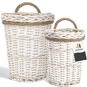 AceList Set of 2 Handmade Wall Hanging Baskets - Woven Wicker Wall Baskets Perfect for Boho Rustic Farmhouse Wall Decor(White)