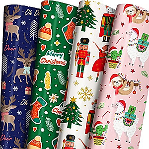 ZINTBIAL Christmas Wrapping Paper for Kids Boys Girls Baby Men Women - Holiday Gift Wrapping Paper Bundle Including Deer, Stockings, Snowflake, Nutcracker, Sloth - 29 x 42 Inches per Sheet (4 Jumbo Sheets) - 100% Recyclable, Easy to Store Not Roll
