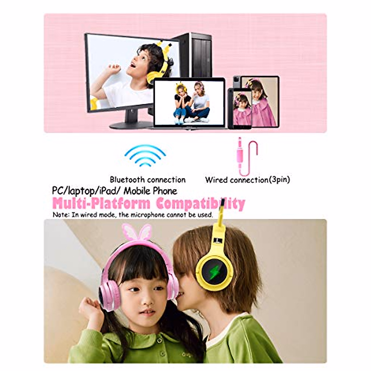 Wireless Headphones for Boys,Girls,Women,Kids,Teens Pink Bluetooth Headset for Smartphones/iPhone/iPad/Laptop/PC/TV Children Over Ear Gaming Headset with Mic&LED Light&Foldable (Angel Wings Pink)
