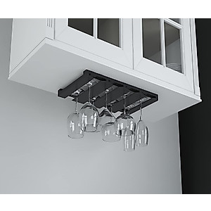 Rustic State 4 Sectional Adjustable Wood Under Cabinet Wine Glass Holder Wine Glass Rack Hanging Shelf Stemware Bar Organizer - 12 Wine Glass Storage - 10 Inch Deep - Black