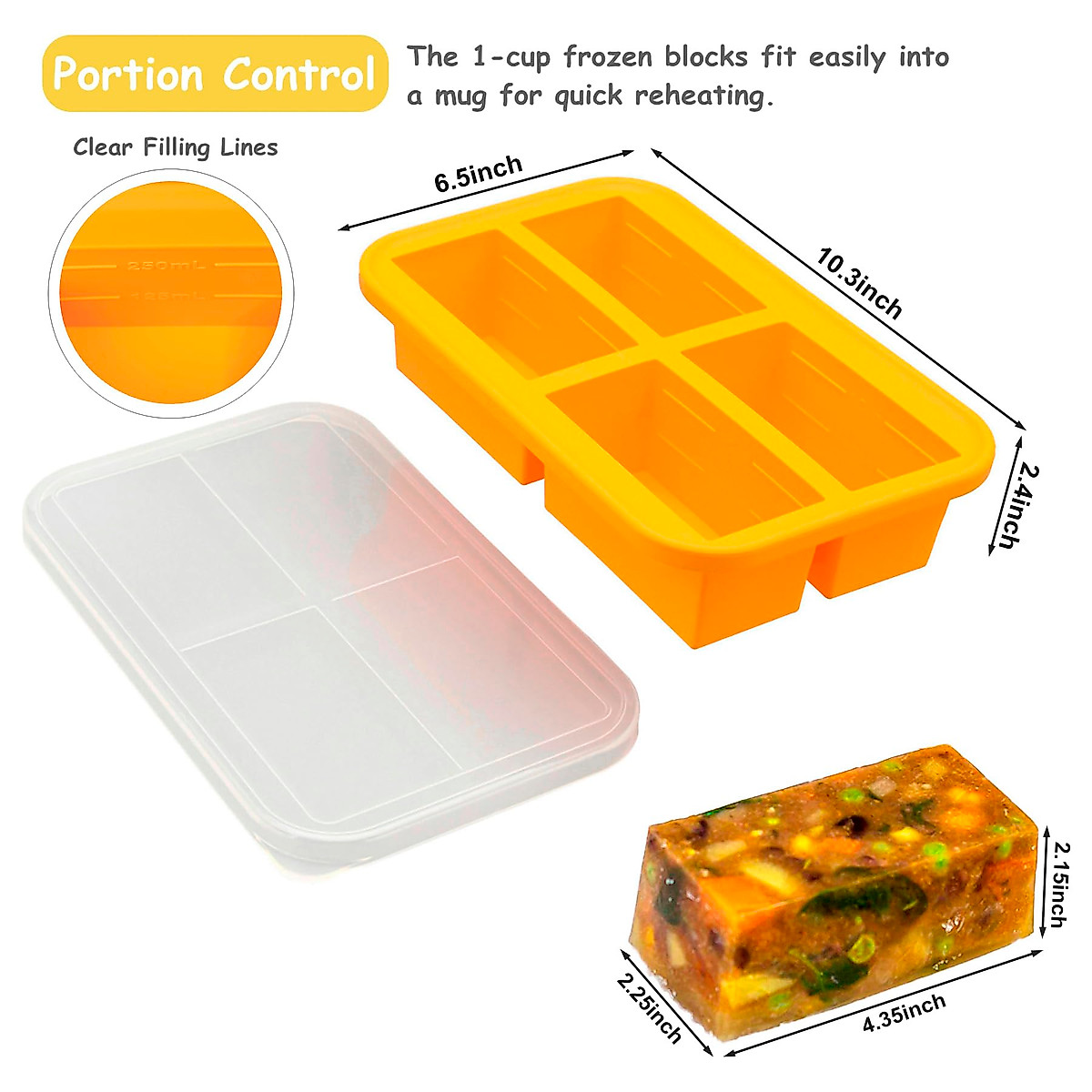 Bangp 1-Cup Silicone Freezing Tray with Lid,2 Pack,Easy-Release Silicone 1 Cup Freezer Tray,Freezer Containers,Freeze and Store Soup,Broth,Sauce,Leftovers - Makes 8 Perfect 1 Cup Portions