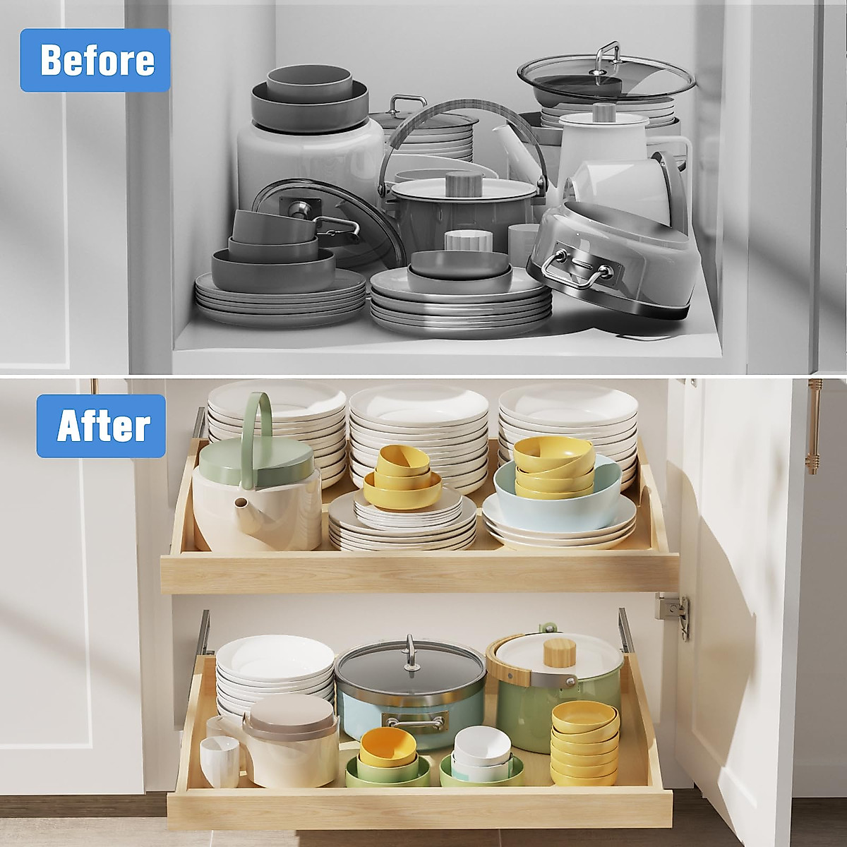 ROOMTEC Soft Close Pull Out Cabinet Organizer 25-1/2" W x 21" D Cabinet Organizer Wood Slide Out Shelves Cabinet Storage and Organizer for Kitchens and Pantry